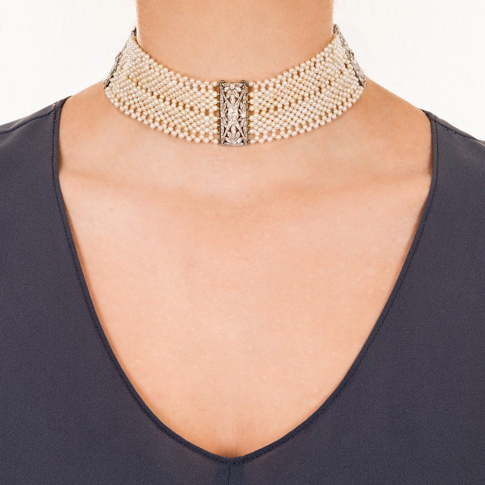 French Edwardian Diamond and Seed Pearl Dog Collar. – Antique Jewelry ...